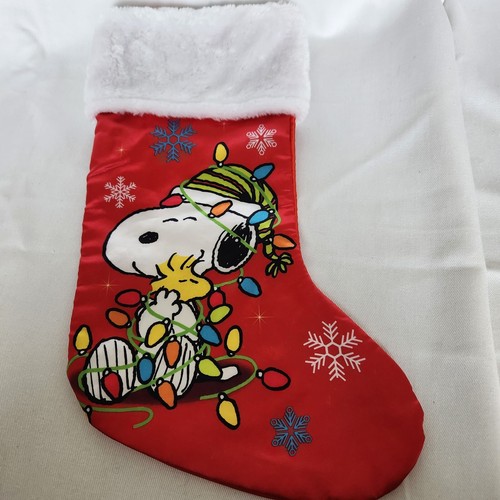 Snoopy Christmas Stocking 15" Peanuts Woodstock Red & White satin ...