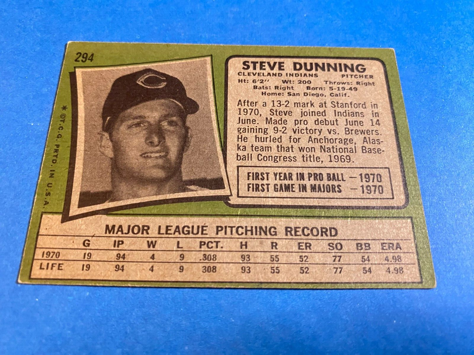 STEVE DUNNING 1971 TOPPS #294 AUTO SIGNED CLEVELAND INDIANS RANGERS ...
