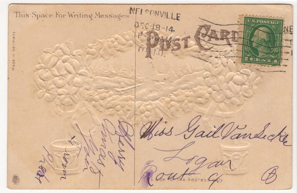 Christmas Vintage Postcard Violet Topiaries Horseshoes Winter Scene AMB ...