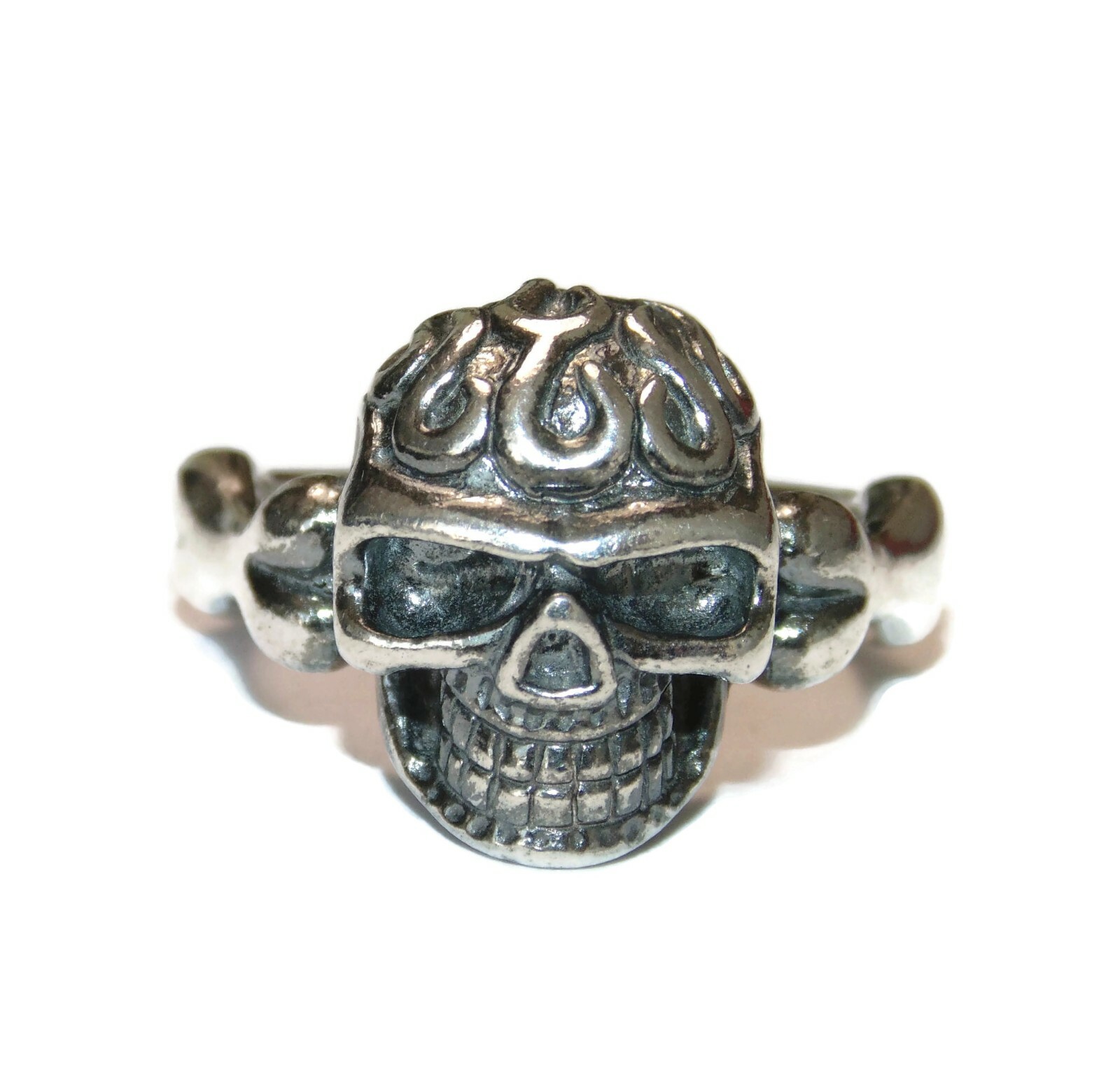 Sterling Silver Mens Punk Rocker Biker Skull Bones Flame Ring Size 9 10 ...