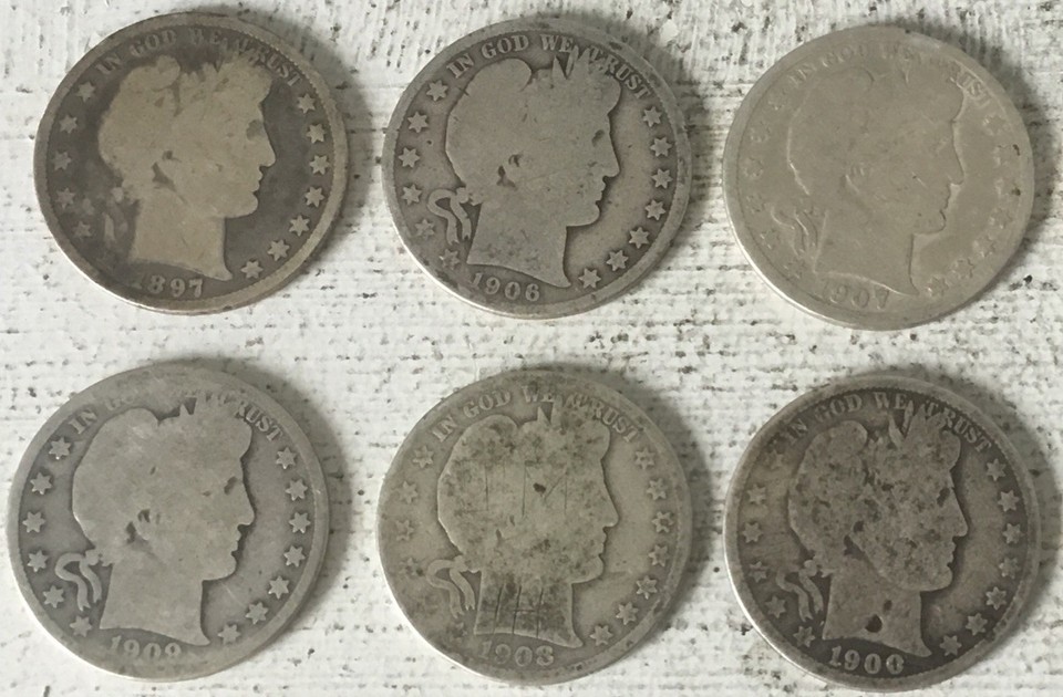 10 Coin Barber Half Dollar Lot 90% Silver Cull Slick $5 Face 1/2 Roll ...