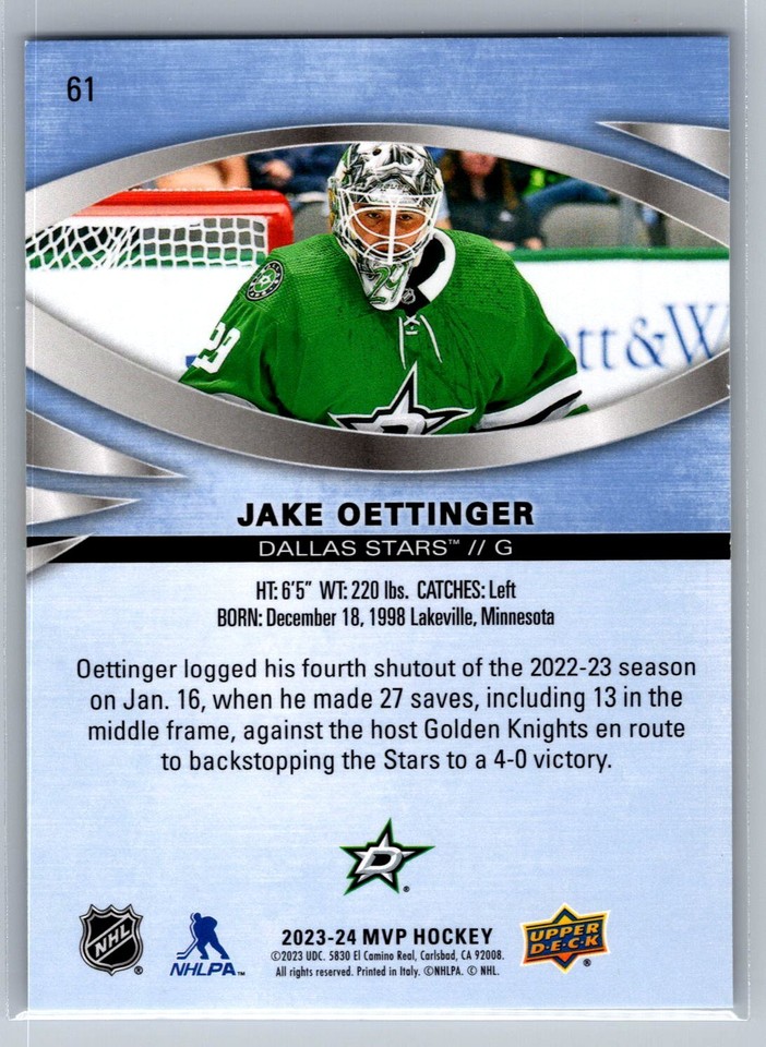 Jake Oettinger 2023-24 Upper Deck MVP HOCKEY #61 Dallas Stars | eBay