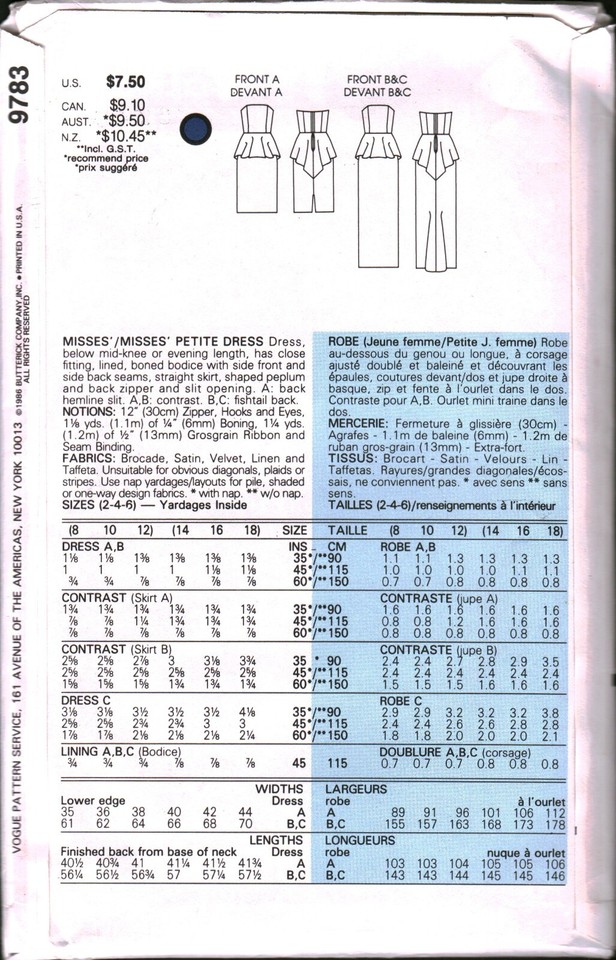 9783 Vintage Vogue Sewing Pattern Misses 1980s Evening Length Dress ...