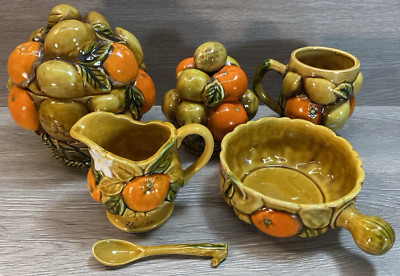 Vtg 70s Inarco Japan 5 Piece Set Orange Cannister & Jar Ceramic Fruit ...