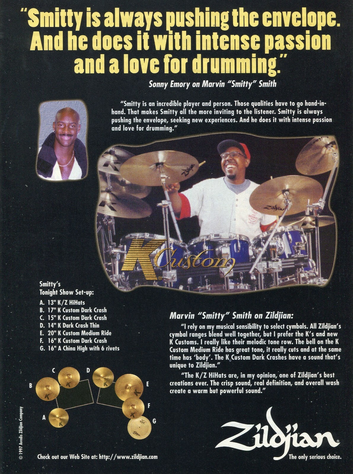 1997 Print Ad of Zildjian Drum Cymbal setup w Sonny Emory on Marvin ...