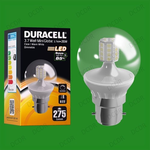 4x 3.7W =25W Dimmable Duracell LED Clear Mini Globe Golf Light Bulb BC ...