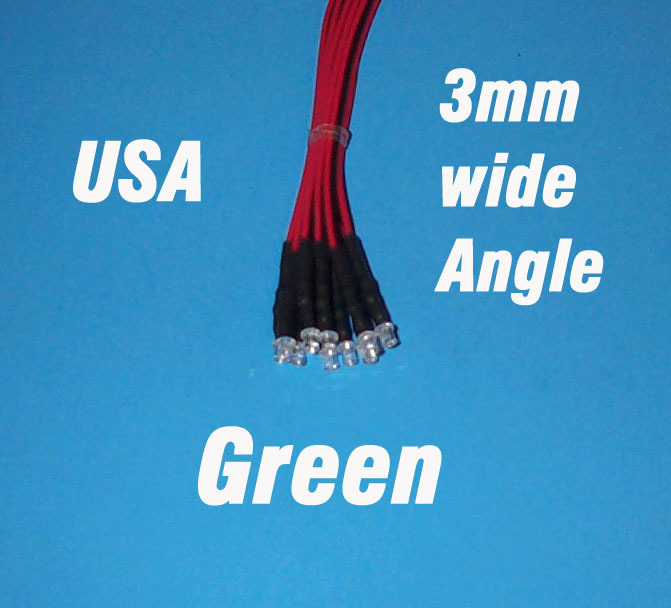 10 x LED - 3mm PRE WIRED 12 VOLT WIDE VIEW ANGLE GREEN 12V PREWIRED ...