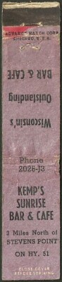old 12-STRIKE matchcover KEMP’S SUNRISE BAR & CAFE in STEVENS POINT ...