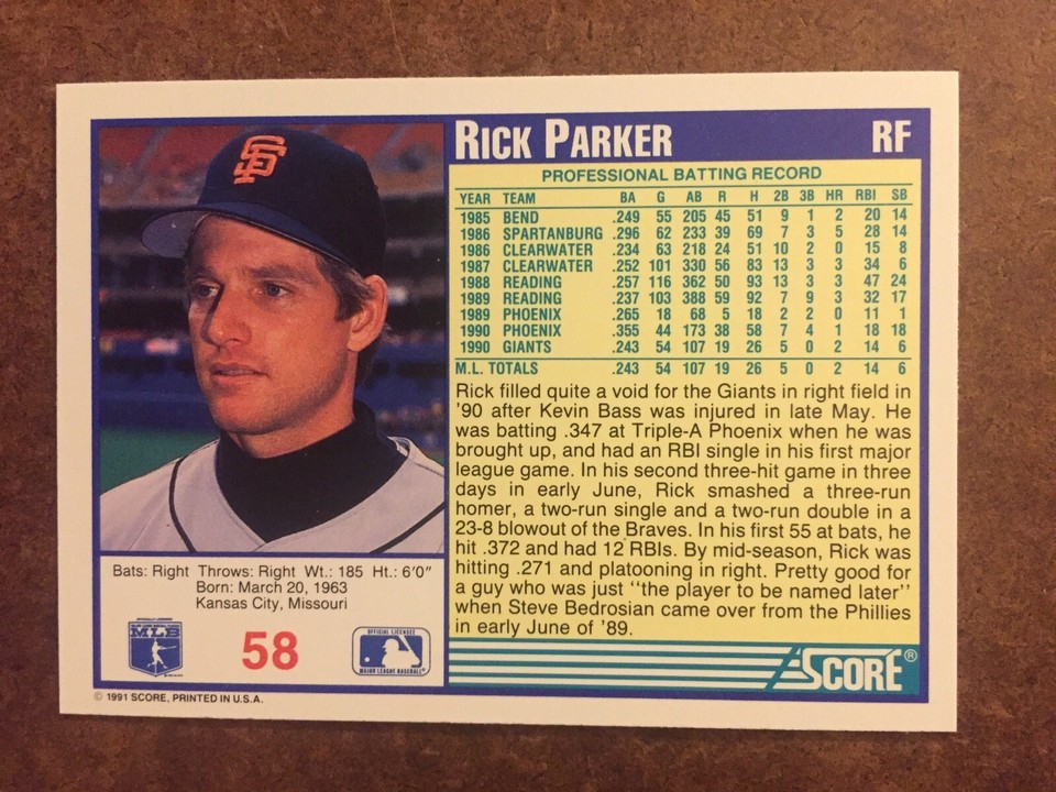 Rick Parker 58 Score 1991 MLB Baseball Trading Card | eBay