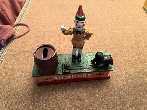 Vintage Cast Iron Clown Trick Dog Toy Bank- Works! Repo Great Condition ...