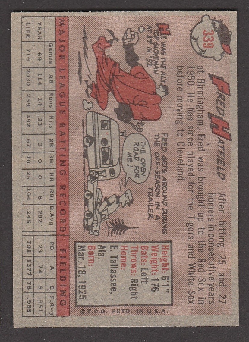 1958 TOPPS BASEBALL # 339 FRED HATFIELD INV J2058 | eBay