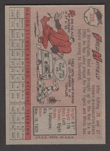 1958 TOPPS BASEBALL # 339 FRED HATFIELD INV J2058 | eBay