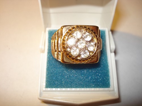 Vintage Mens Huge Clear Stone Ring 18 KT GE 80's Never Worn! UNCA Size ...