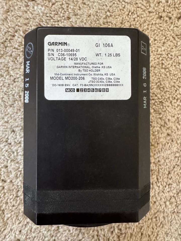 Garmin GI 106A VOR/LOC/GPS with Glideslope Indicator P/N 013-00049-01 ...