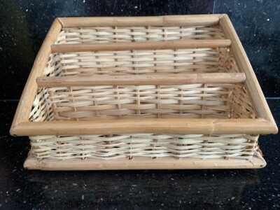 VINTAGE CANE DESK LETTER MAIL BILL HOLDER ORGANISER SORTER THREE TIER ...