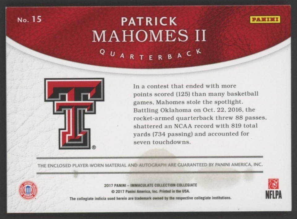 2017 Panini Immaculate Collegiate #15 Patrick Mahomes II RC Rookie AUTO ...