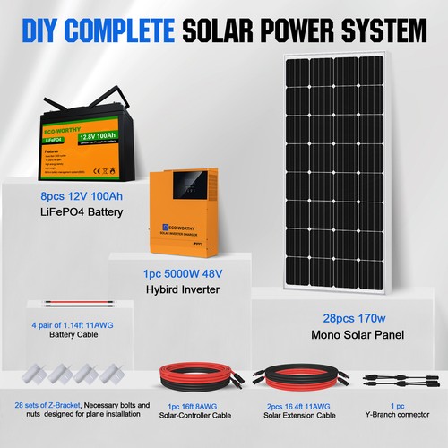 4800W 48V Solar Panel System Off Grid : 5000W Hybrid Inverter & Lithium ...