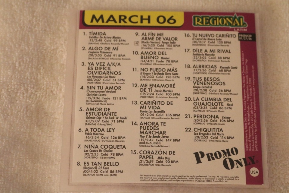 Promo Only Regional Latin Mar 2006 MINT USA CD Extacy Flash Grupo ...