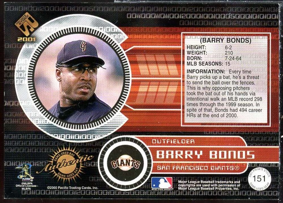 Barry Bonds Bat Card 2001 Private Stock Game Gear #151 | eBay