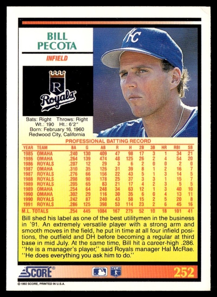 1992 Score Bill Pecota Kansas City Royals #252 | eBay