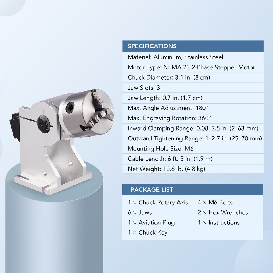 OMTech Fiber Laser Rotary Tool 80mm 3 Jaw Chuck Rotary Axis 360 ...