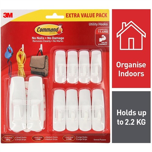 3M Command™ White Adhesive Mixed multi Purpose Hanging Hooks & Stripes - 10 Pack | eBay Australia