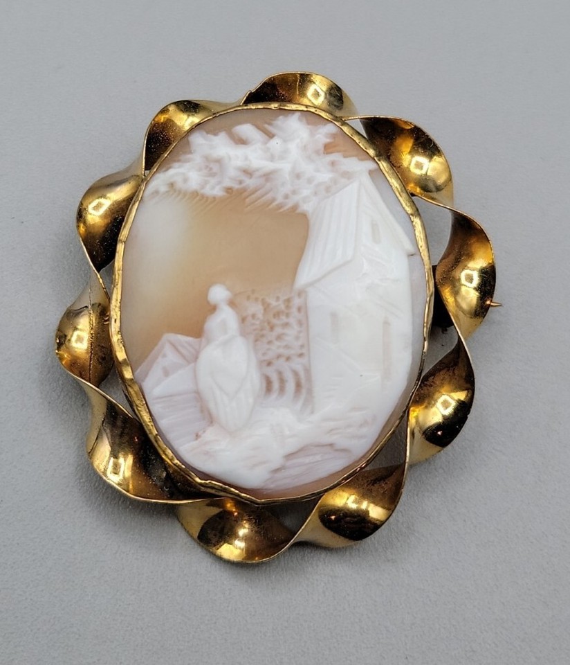 Antique 9k Rebecca At The Well Carved Shell Cameo Brooch 1800s Yellow ...