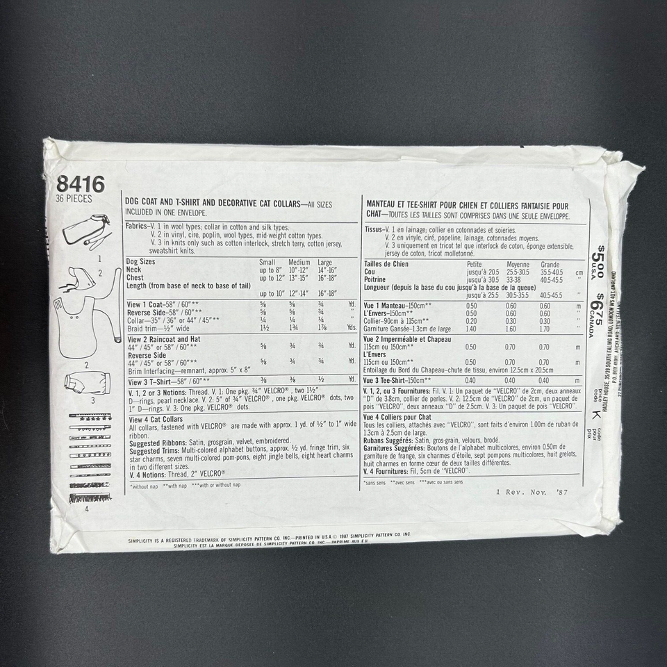 Simplicity Crafts 8416 Catwear Dogwear Coats and Collars 1987 Uncut Sz ...