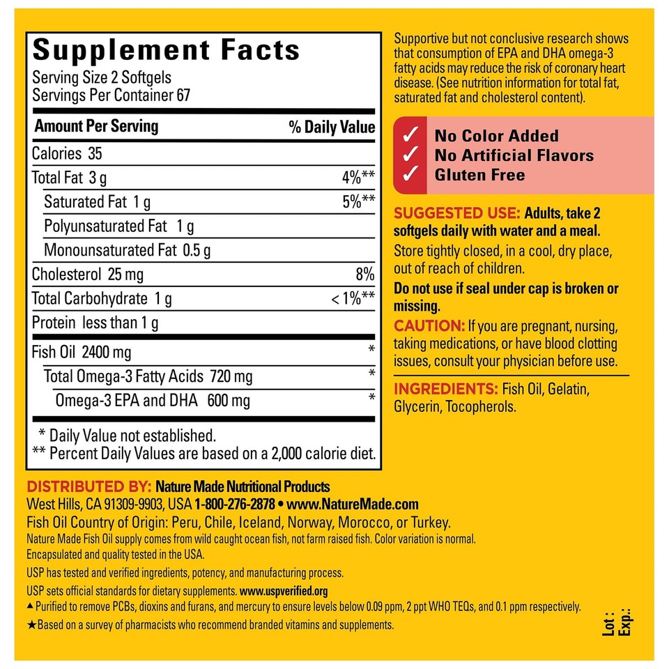 Nature Made Fish Oil Softgels, 2400mg, Omega 3, 134 Count, Dietary ...
