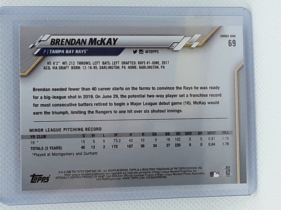 Brendan McKay 2020 Topps Baseball Series 1 Rookie RC #69 Tampa Bay Rays ...