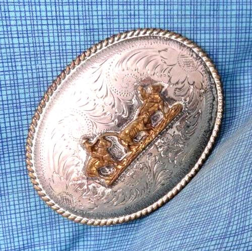 Team Roping Cowboys Belt Buckle Rodeo Western Vtg 80s Alpaca Mexico ...