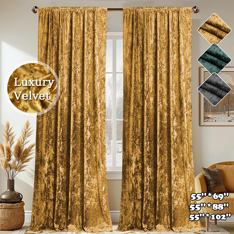 Luxury Crushed Velvet Curtains Rod Pocket Top Ready Made Lined Thick ...