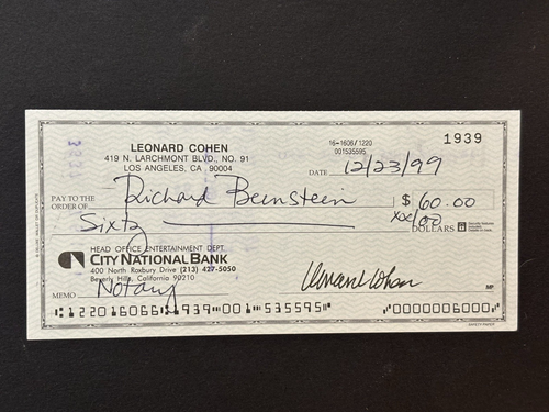 LEONARD COHEN HAND SIGNED CHECK -SINGER SONGWRITER POET NOVELIST ...
