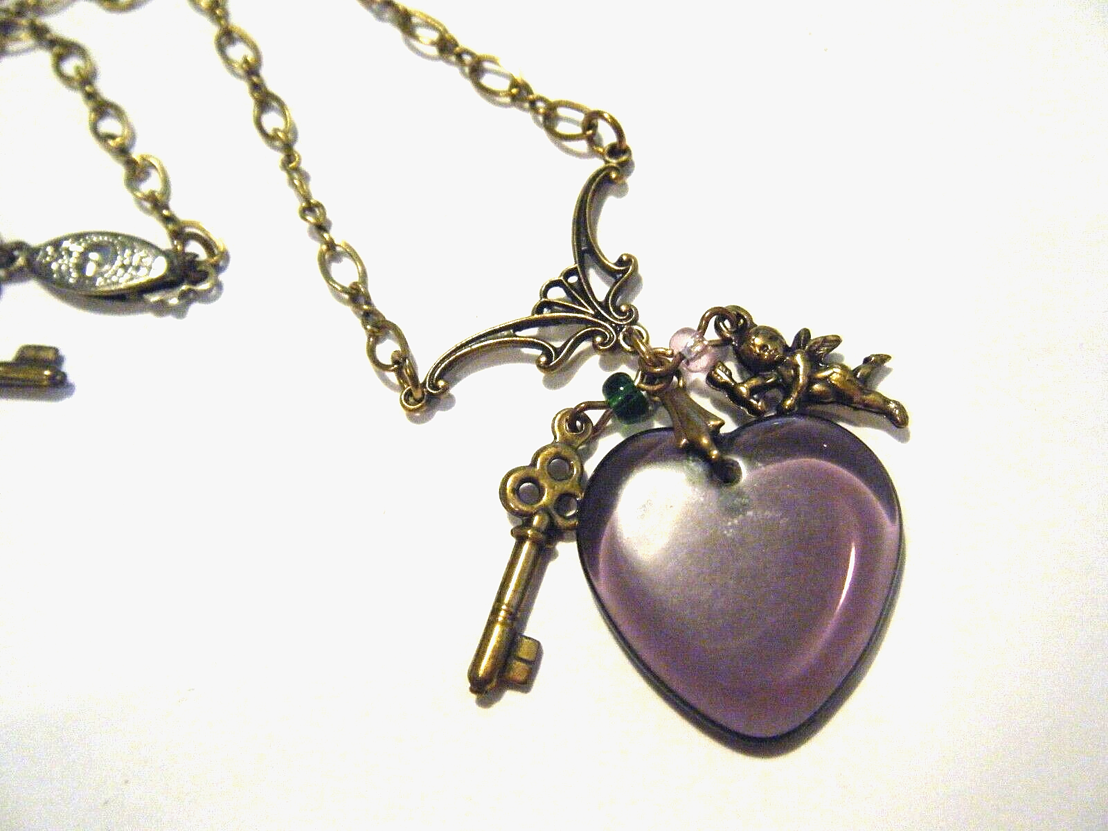 Vintage Glass Works Studio Purple Heart Cupid & Gold Key Necklace ...