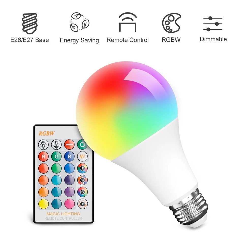 Dimmable RGB LED Light Bulb Lamp With Remote E27 5W-20W 16 Colors ...