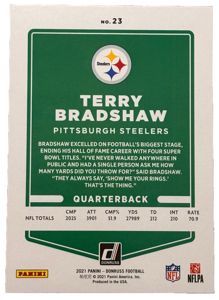 Brand New: 2021 Donruss Terry Bradshaw Pittsburgh Steelers Trading Card ...
