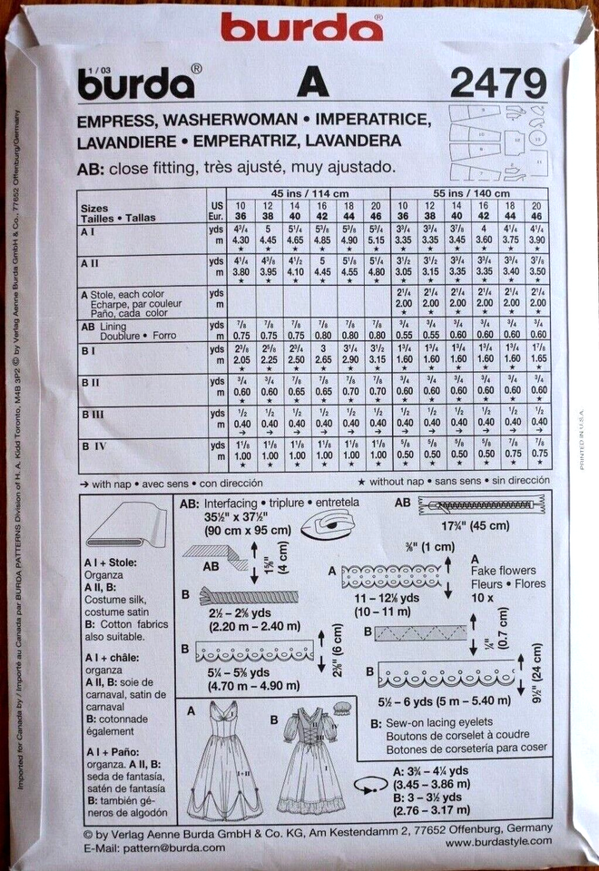 BURDA PATTERN 2479 EMPRESS WASHERWOMAN DRESS COSTUME MISSES SIZE 10 ...