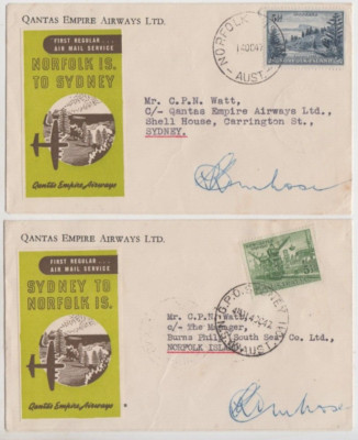 Stamps 1947 Australia Norfolk Island vignettes pair flight covers ...
