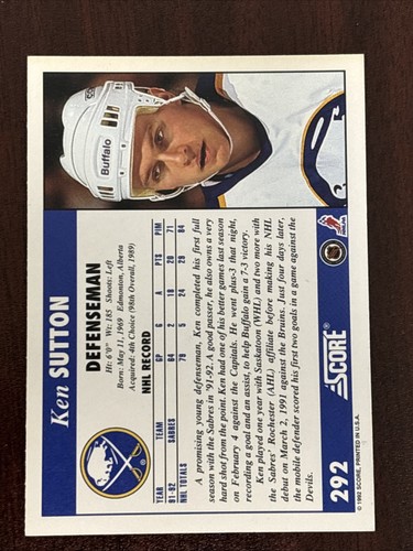 1992-93 Score Ken Sutton #292 Auto Autograph Signed Buffalo Sabres | eBay
