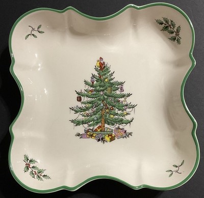 Spode Christmas Tree 8” Square Devonia Tray Candy Dish Scalloped Edge ...