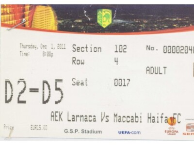 Ticket AEK LARNACA Cyprus - MACCABI HAIFA FC Israel 2011-2012 | eBay UK
