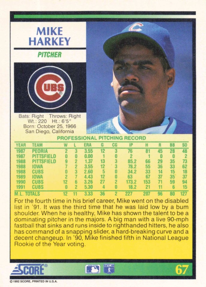 Mike Harkey Chicago Cubs 1992 Score Baseball Card #67 | eBay
