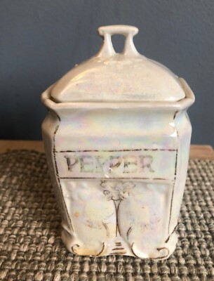 VINTAGE WHITE BLOCK GERMANY LUSTERWARE PEPPER SPICE CANISTER | eBay