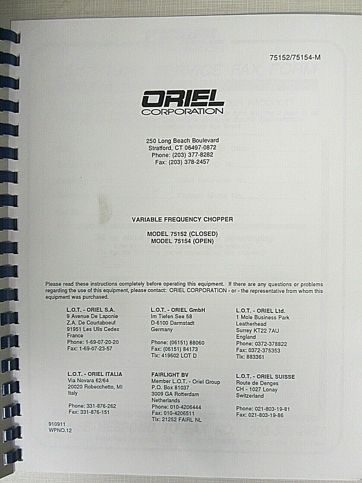 Oriel Model 75152 & 75154 Variable Frequency Chopper Instruction Manual ...
