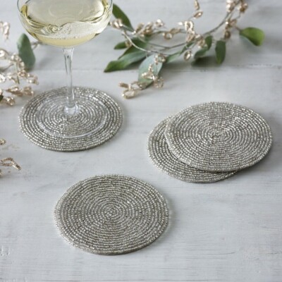 4 Silver Coasters Beaded Glass Place Mats Kitchen Home Decor Metallic ...