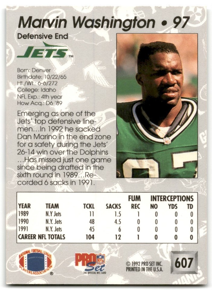 1992 Pro Set Football Card Marvin Washington #607 New York Jets | eBay