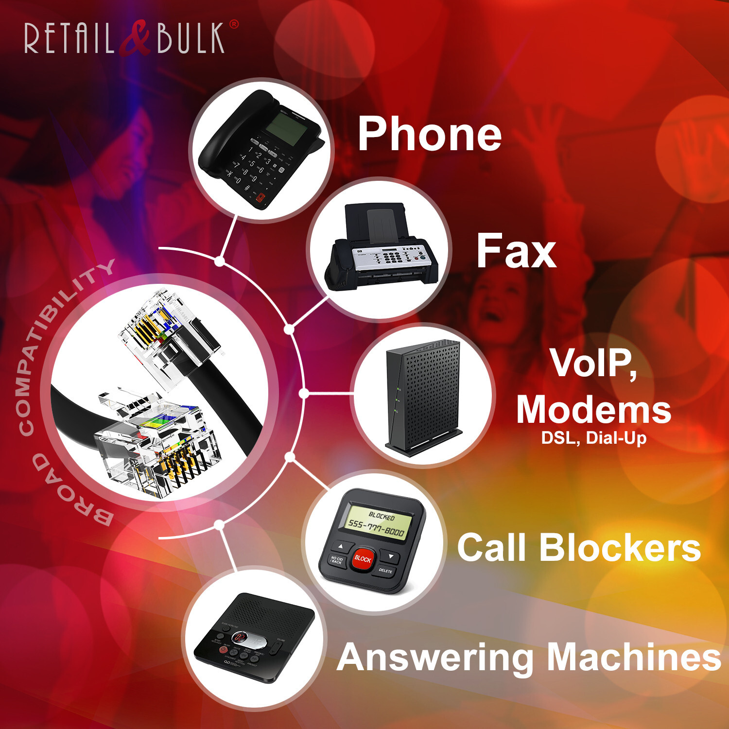 2 Foot Short Telephone Cable RJ11 (6P4C) 24 Inch Phone Line Cord, Black ...