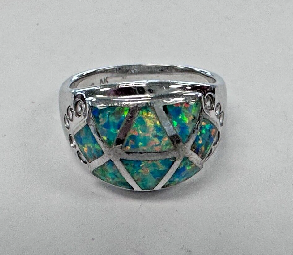Designer Sterling Silver Fire Opal & CZ Dome Ring Sz 6 Signed [113 GRy ...