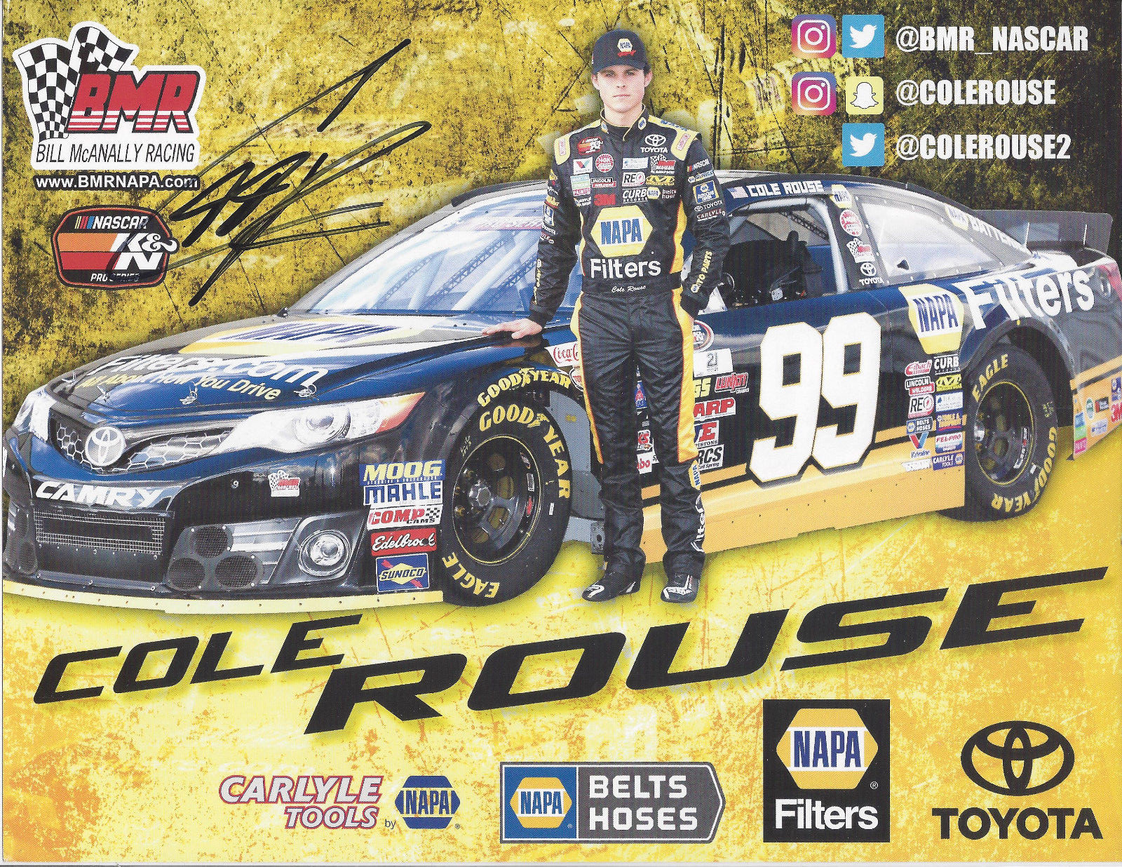 SIGNED 2018 COLE ROUSE "NAPA FILTERS BMR" #99 NASCAR K&N LM SERIES ...