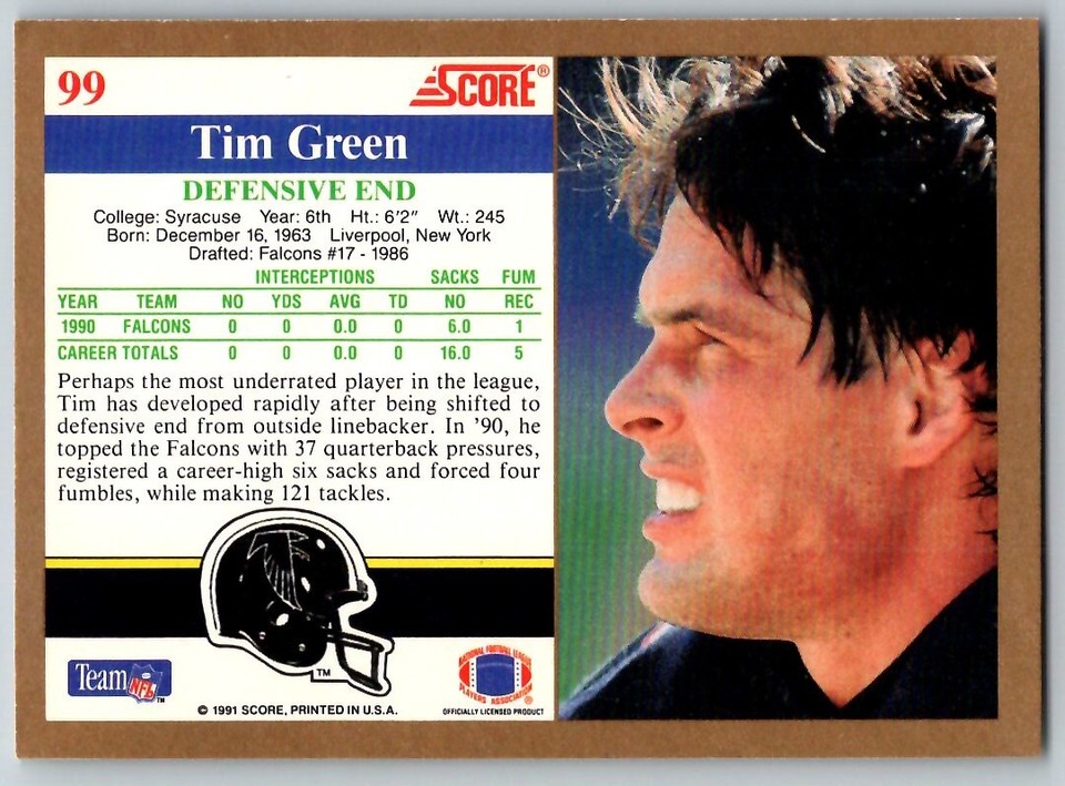 1991 SCORE TIM GREEN ATLANTA FALCONS #99 | eBay